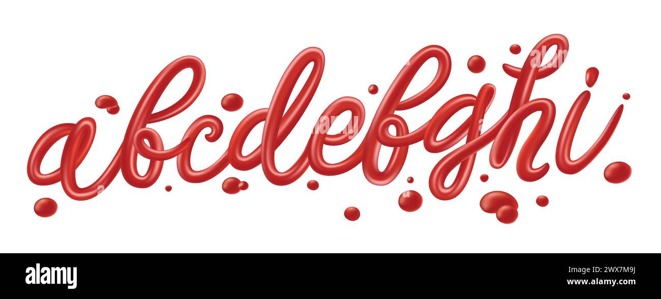 Tomato ketchup font set with drops isolated on white background ...