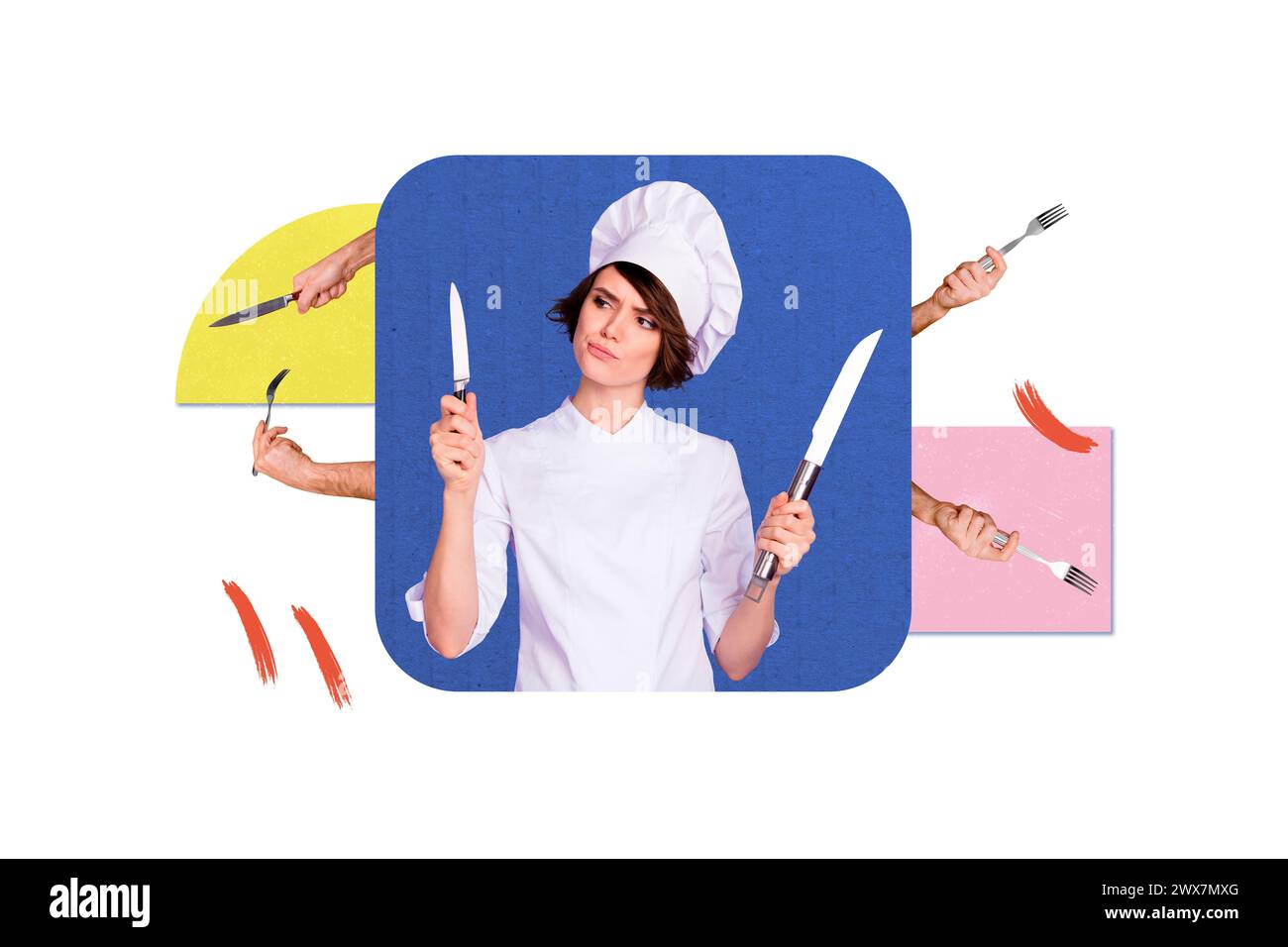 Creative picture collage young thoughtful woman chef cooker culinary ...