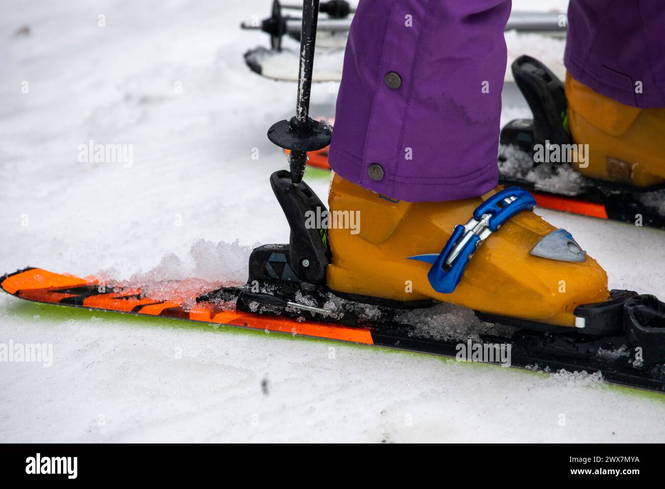 ski boots with skis on a snowy slope.Active leisure Stock Photo - Alamy