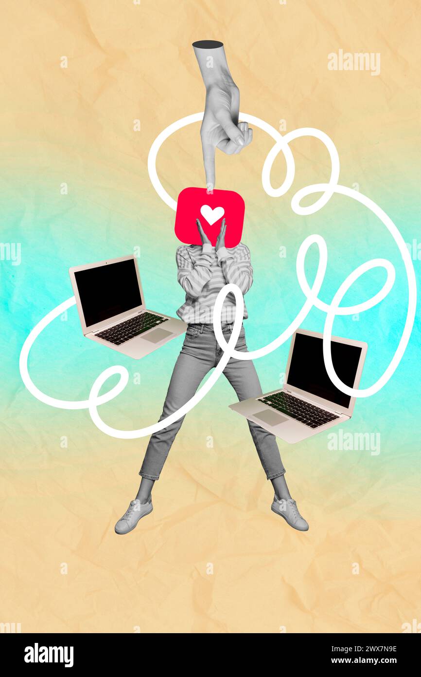 Vertical creative collage woman headless body heart icon laptop ...