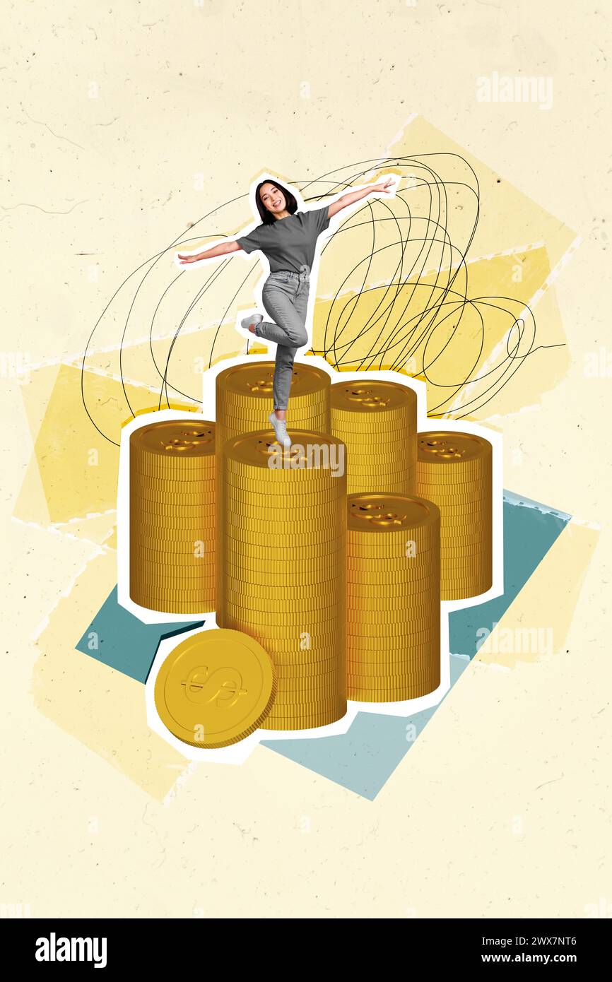 Vertical photo collage of happy cheer girl stand stack gold coin money ...