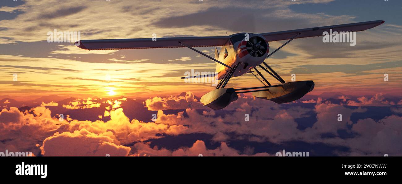 Airplane flying over mountains, lakes, and clouds. Sunny Da Stock Photo ...