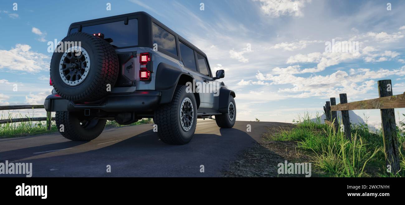 Ford Bronco Raptor on a road with rocky mountain landscape in ...