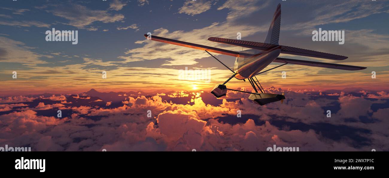 Airplane flying over mountains, lakes, and clouds. Sunny Da Stock Photo ...