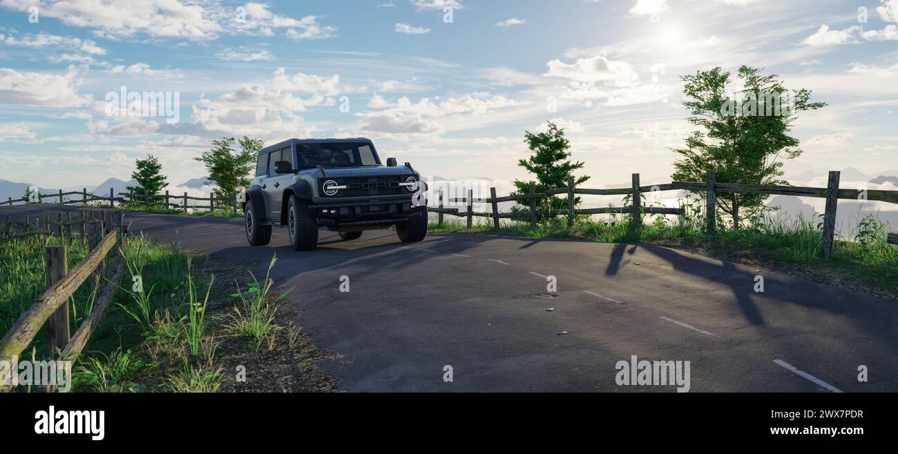 Ford Bronco Raptor on a road with rocky mountain landscape in ...