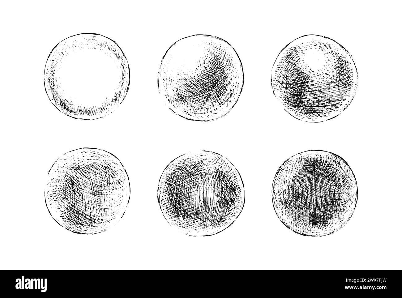 Hand drawn shaded spheres. Simple black pen and ink doodle sketches of ...