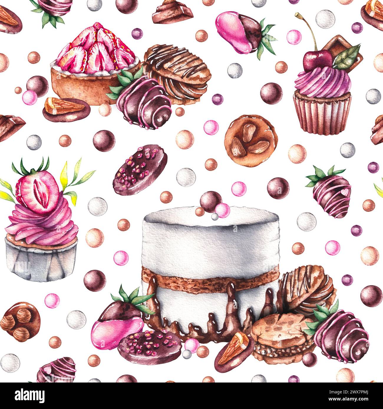 Watercolor seamless pattern with sweets and desserts. Hand drawn ...
