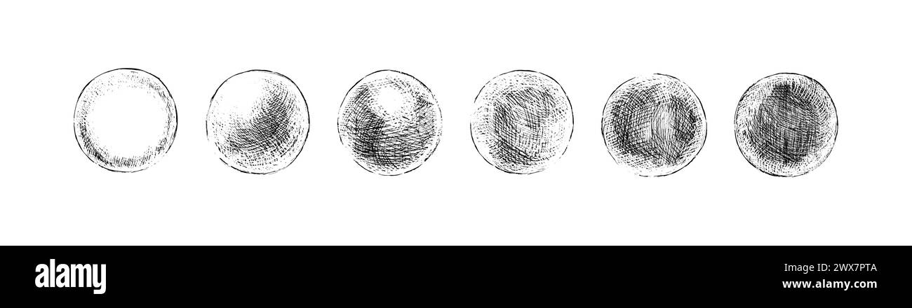 Hand drawn shaded spheres. Simple black pen and ink doodle sketches of ...