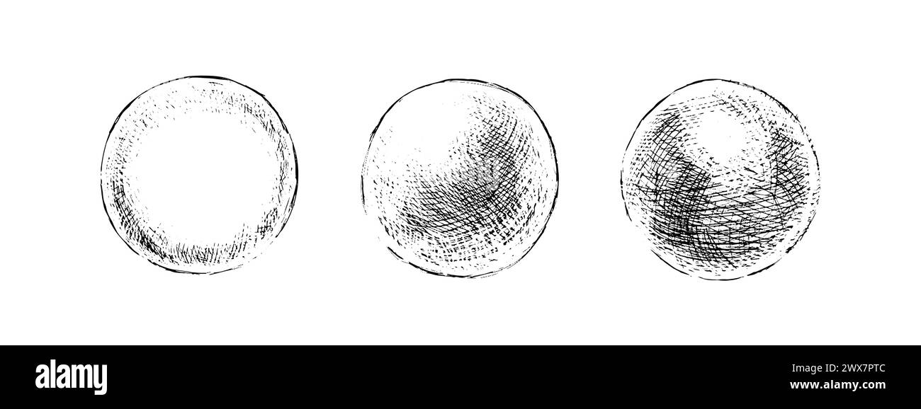Hand drawn shaded spheres. Simple black pen and ink doodle sketches of ...