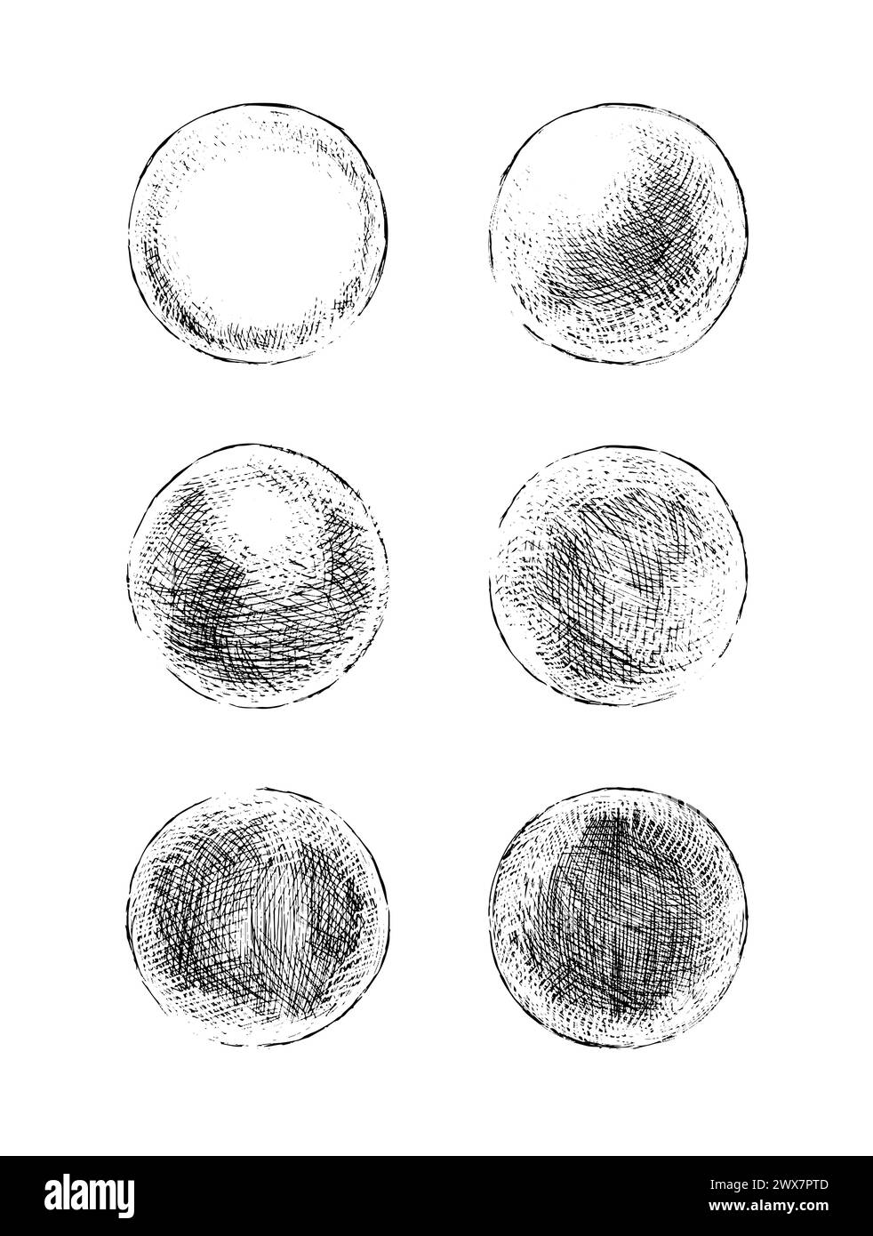 Hand drawn shaded spheres. Simple black pen and ink doodle sketches of ...