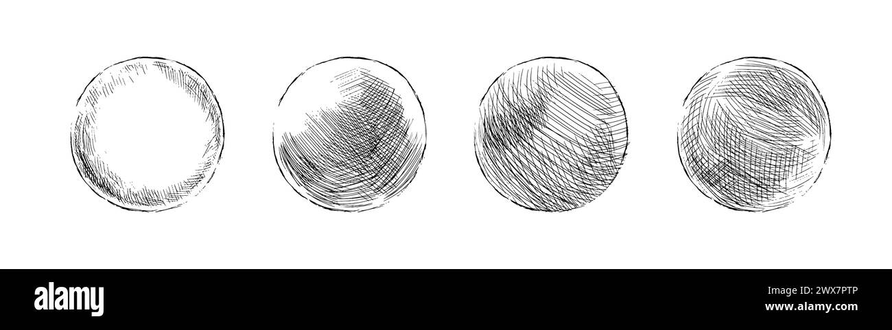 Hand drawn shaded spheres. Simple black pen and ink doodle sketches of ...