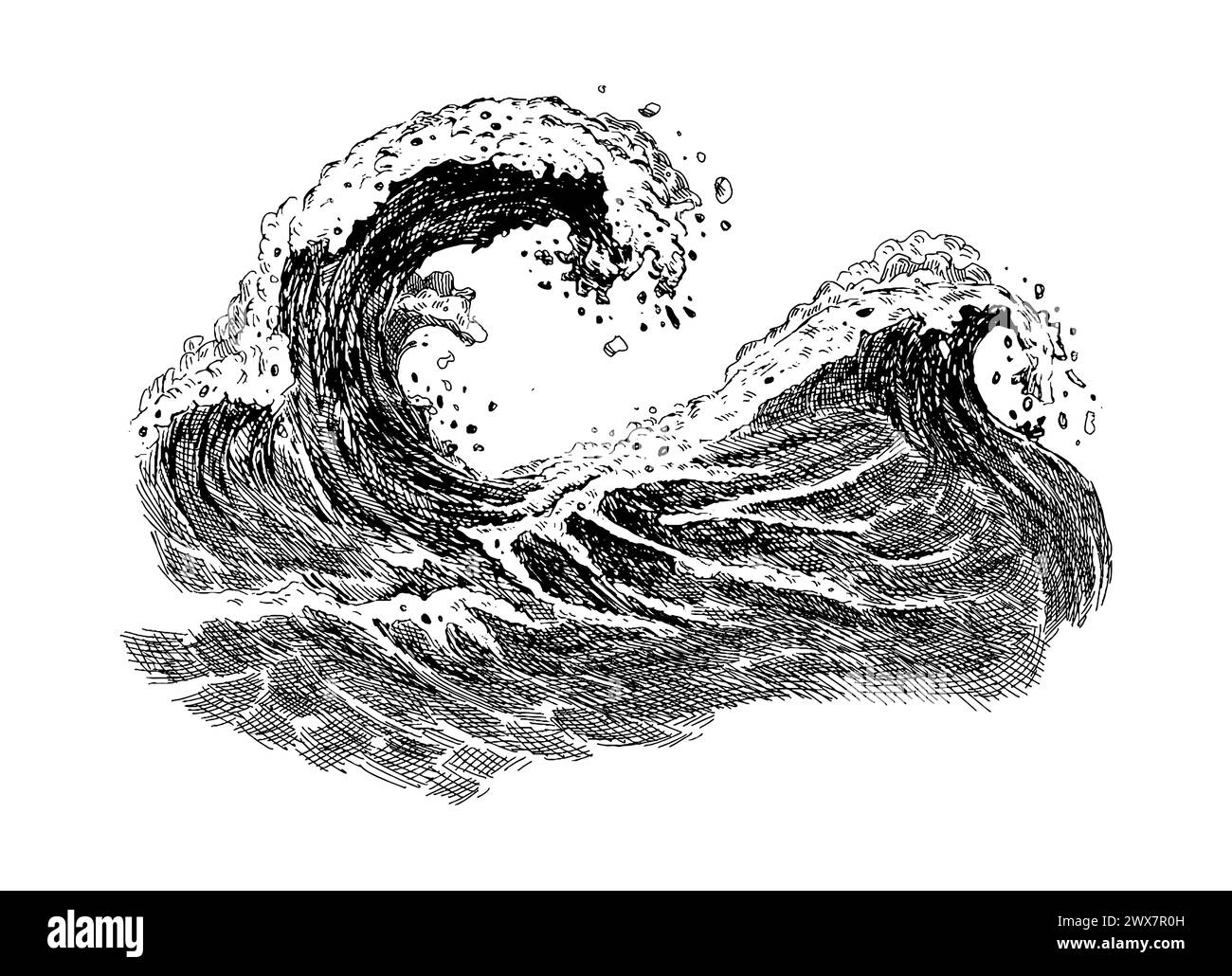 Sea wave sketch. Hand drawn ocean tidal storm waves isolated on white ...