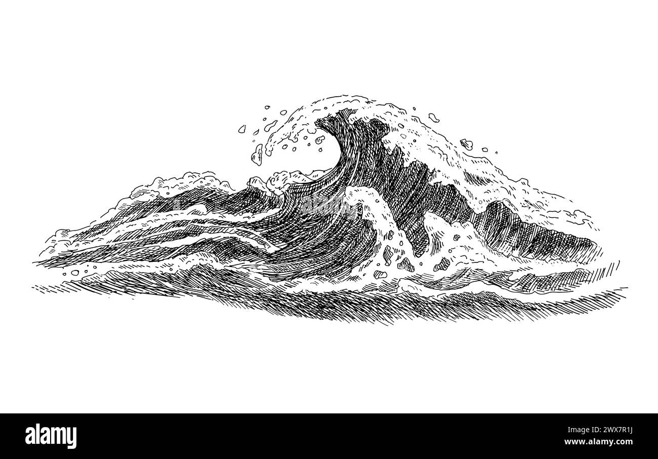 Sea wave sketch. Hand drawn ocean tidal storm waves isolated on white ...