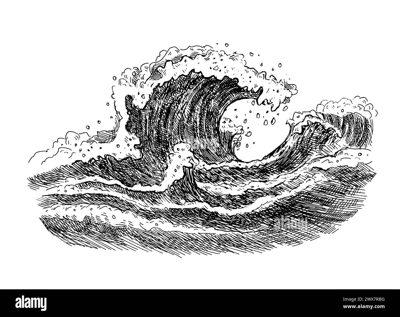 Sea wave sketch. Hand drawn ocean tidal storm waves isolated on white ...