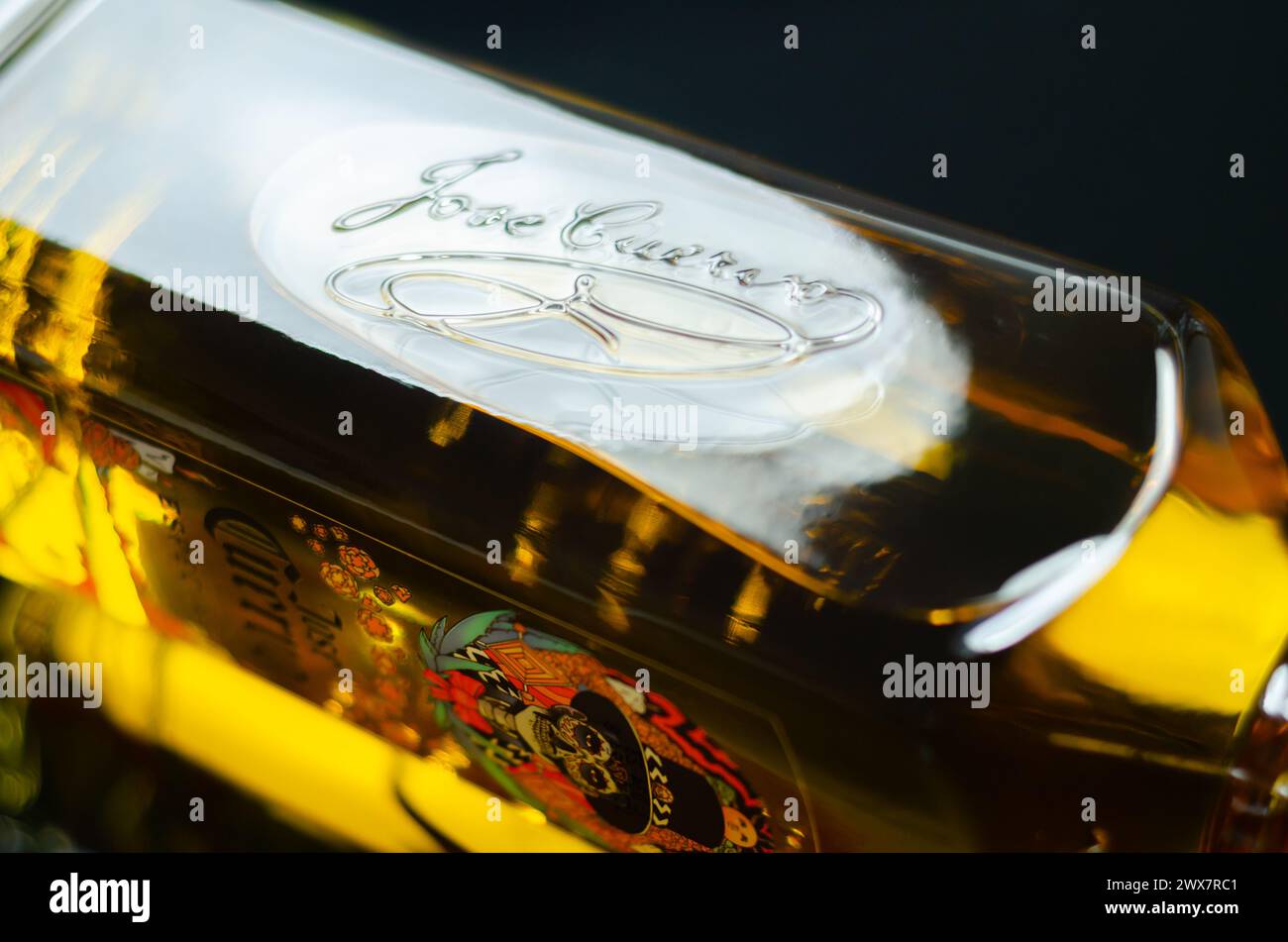 LONDON, UK - 08 MARCH 2024 A bottle of traditional reposado tequila ...