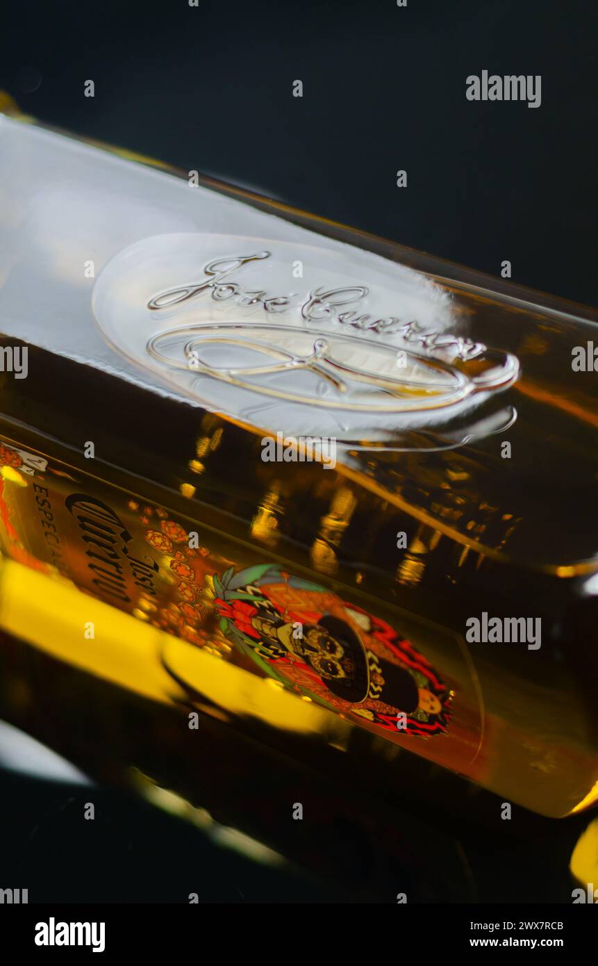 LONDON, UK - 08 MARCH 2024 A bottle of traditional reposado tequila ...