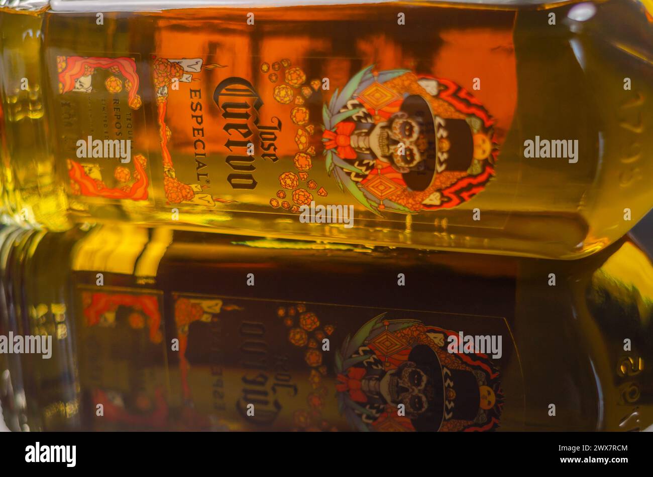 LONDON, UK - 08 MARCH 2024 A bottle of traditional reposado tequila ...