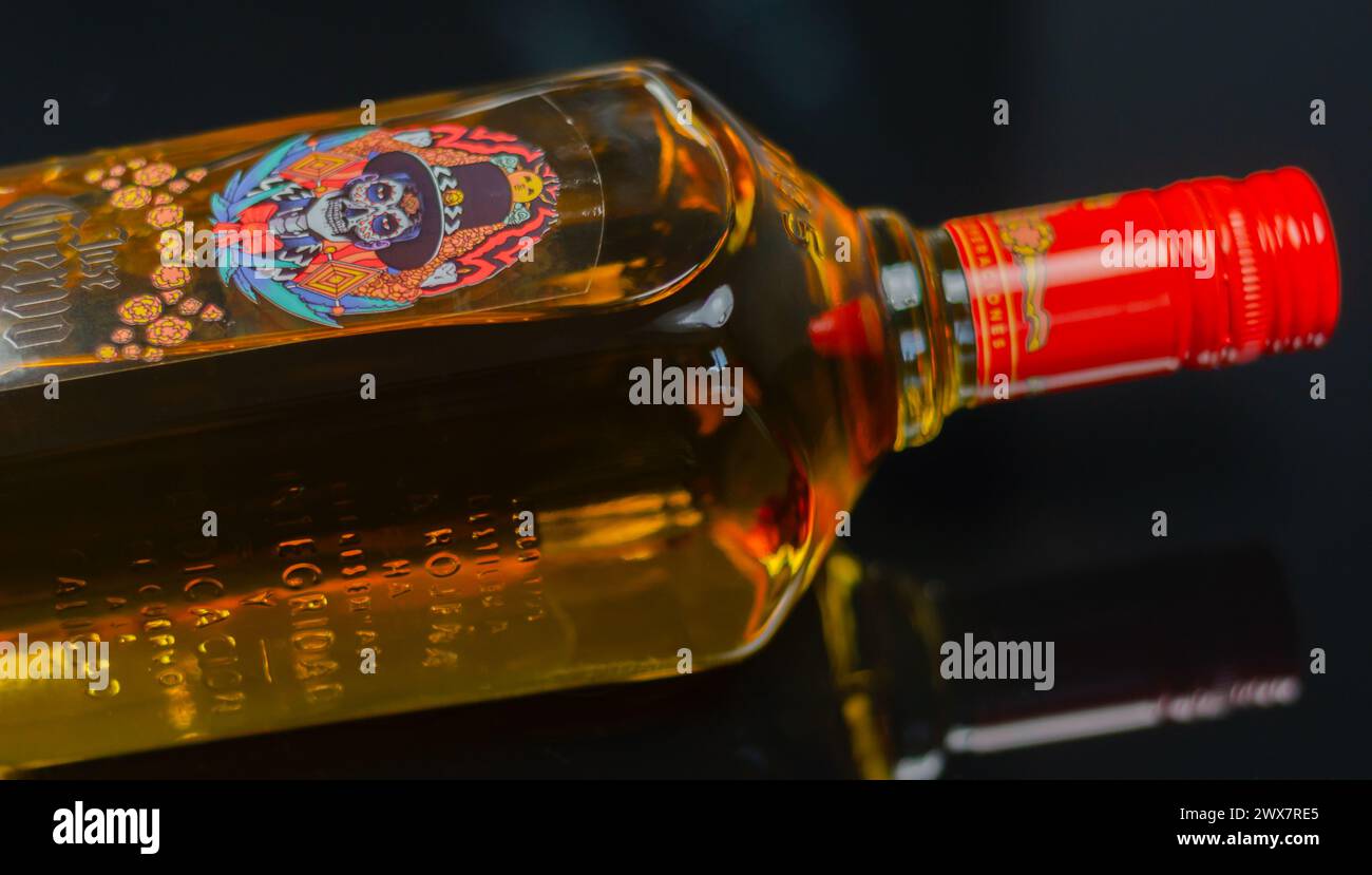 LONDON, UK - 08 MARCH 2024 A bottle of traditional reposado tequila ...