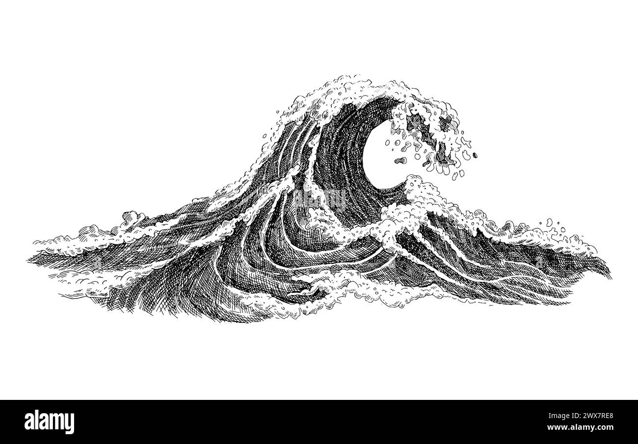 Sea wave sketch. Hand drawn ocean tidal storm waves isolated on white ...