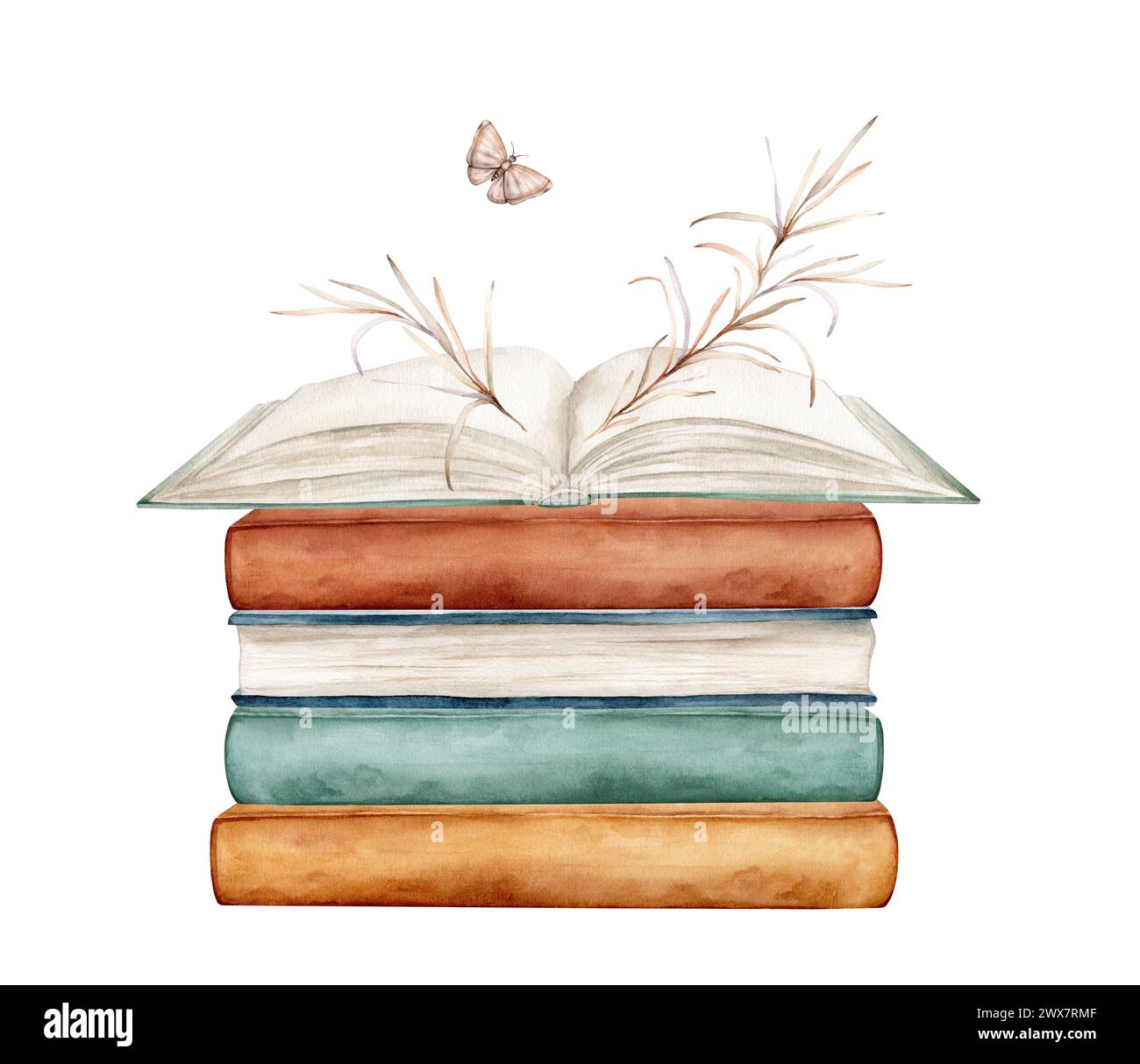 Set of books with plants and butterfly watercolor illustration isolated ...