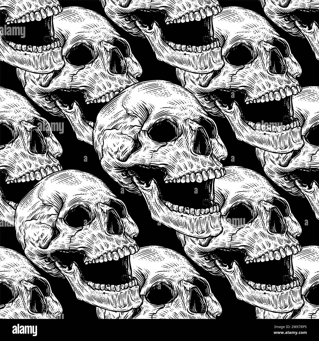 Vector seamless pattern with skulls in black background in retro ...
