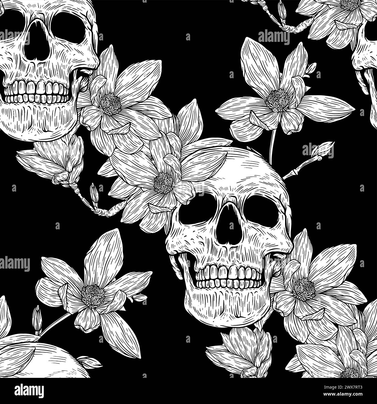 Vector seamless pattern with skulls in black background in retro ...