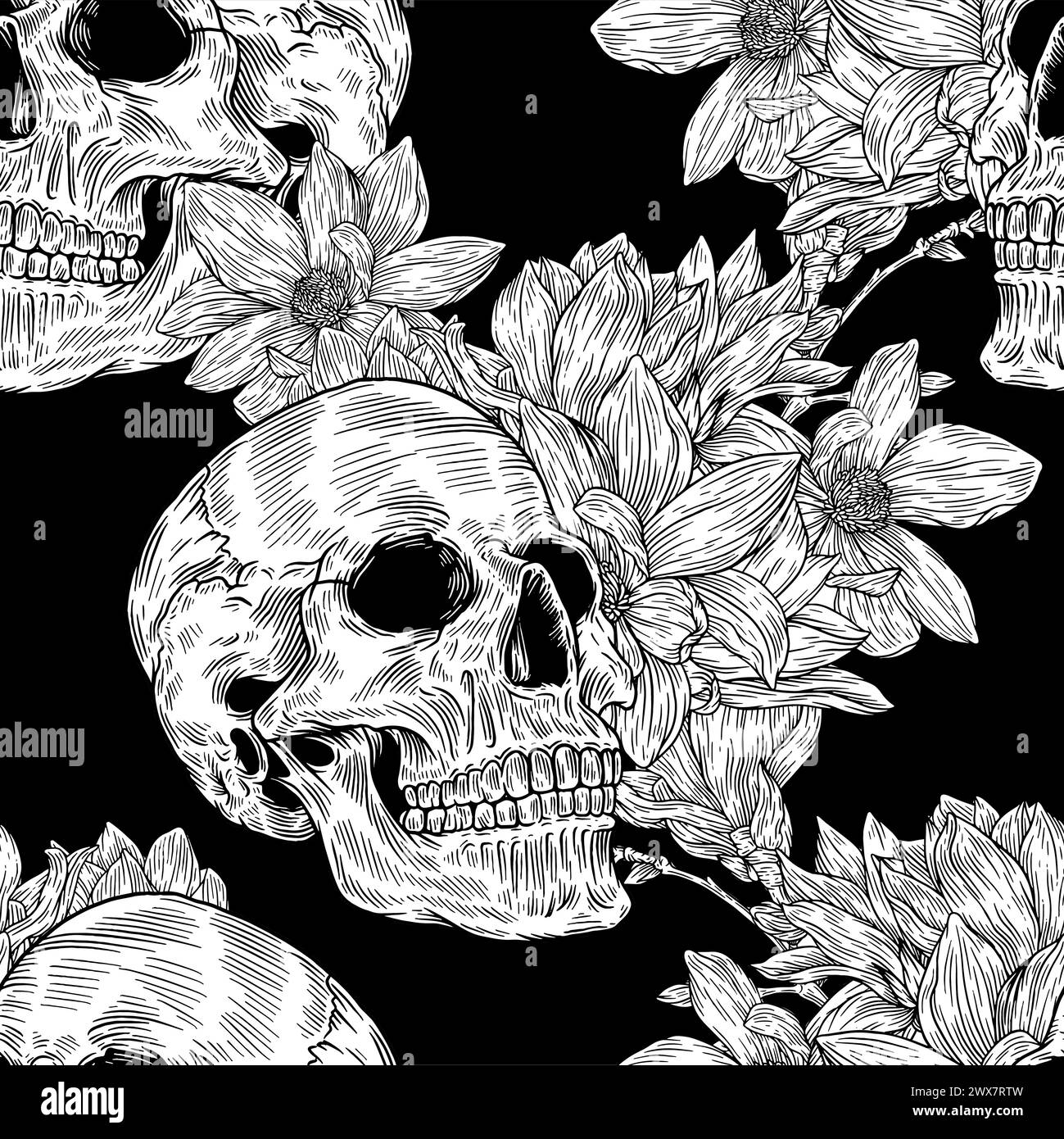 Vector seamless pattern with skulls in black background in retro ...