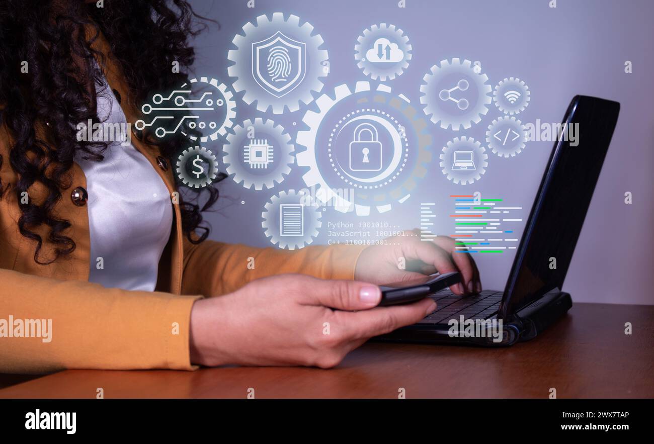 Cybersecurity, essential technology, businesswoman uses advanced ...