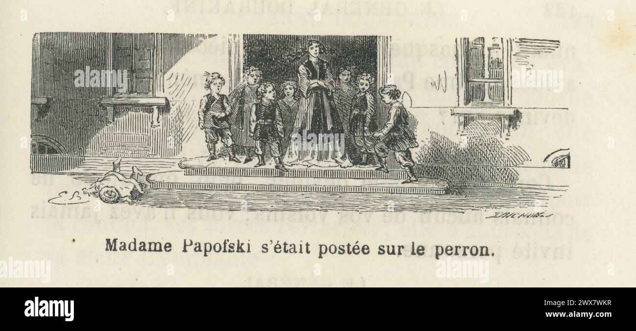 "Madame Papofski had posted herself on the stoop." Illustration from "Le Général Dourakine ...