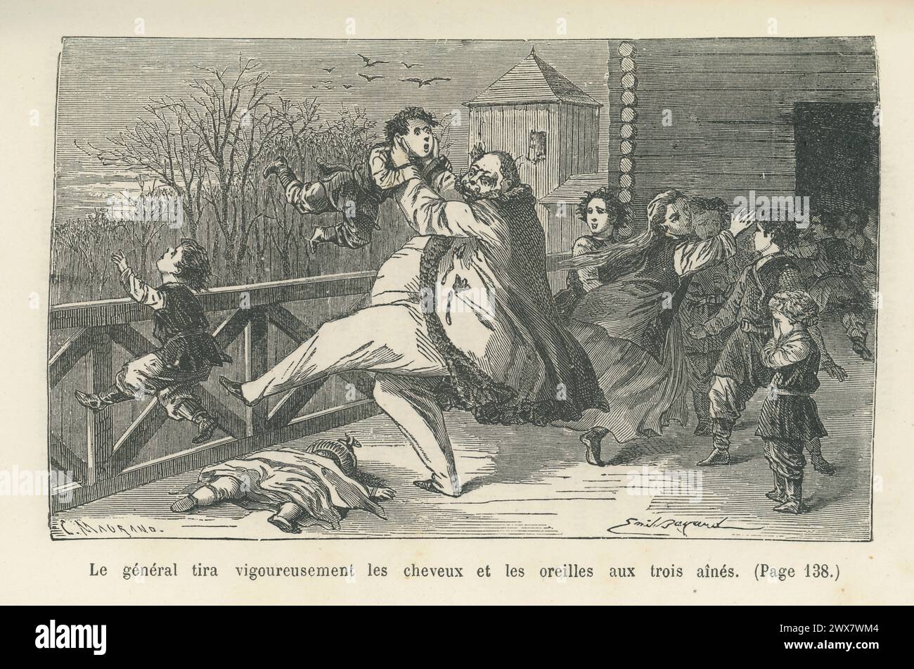 "The general vigorously pulled the hair and ears of the three eldest children." Illustration ...