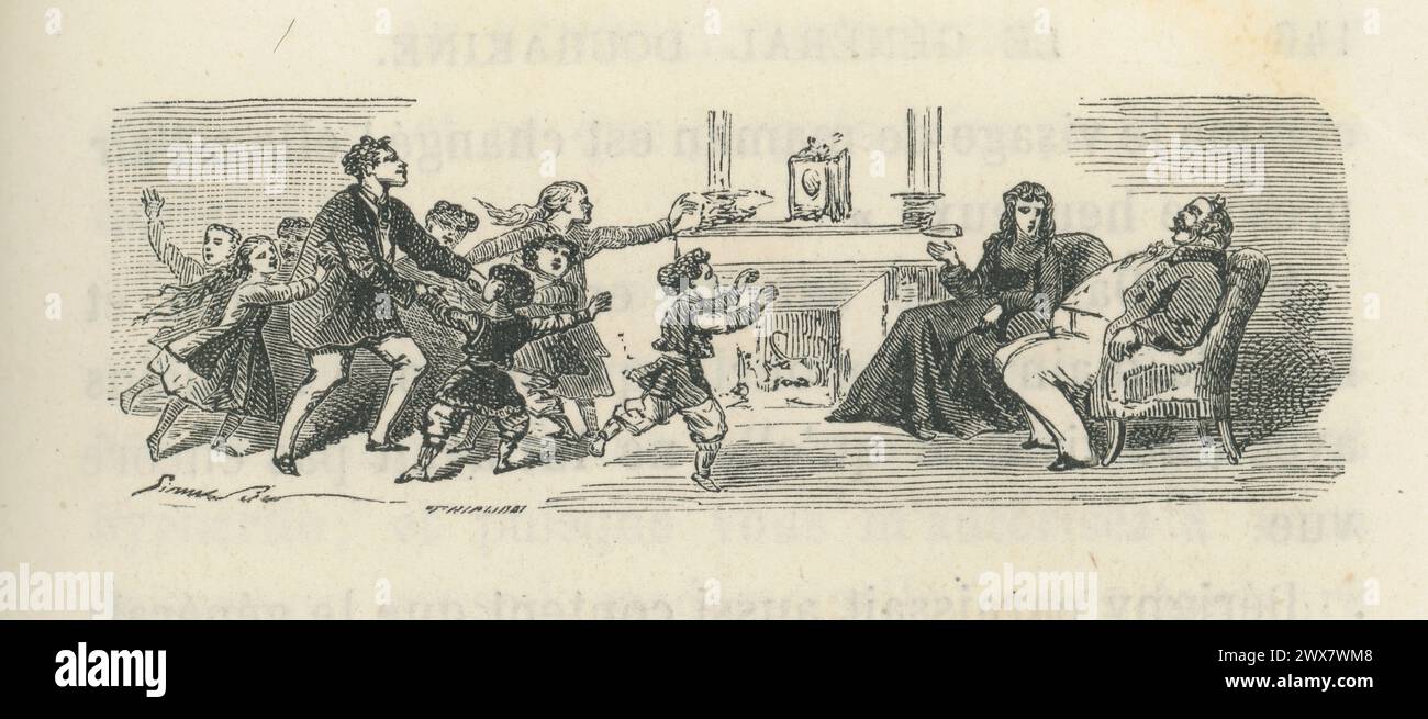 "His thoughts were interrupted by the noisy return of the children." Illustration from "Le ...