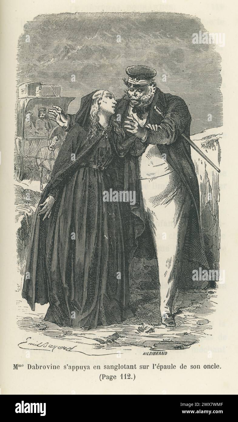 "Madame Dabrovine leaned sobbing on her uncle's shoulder." Illustration from "Le Général ...