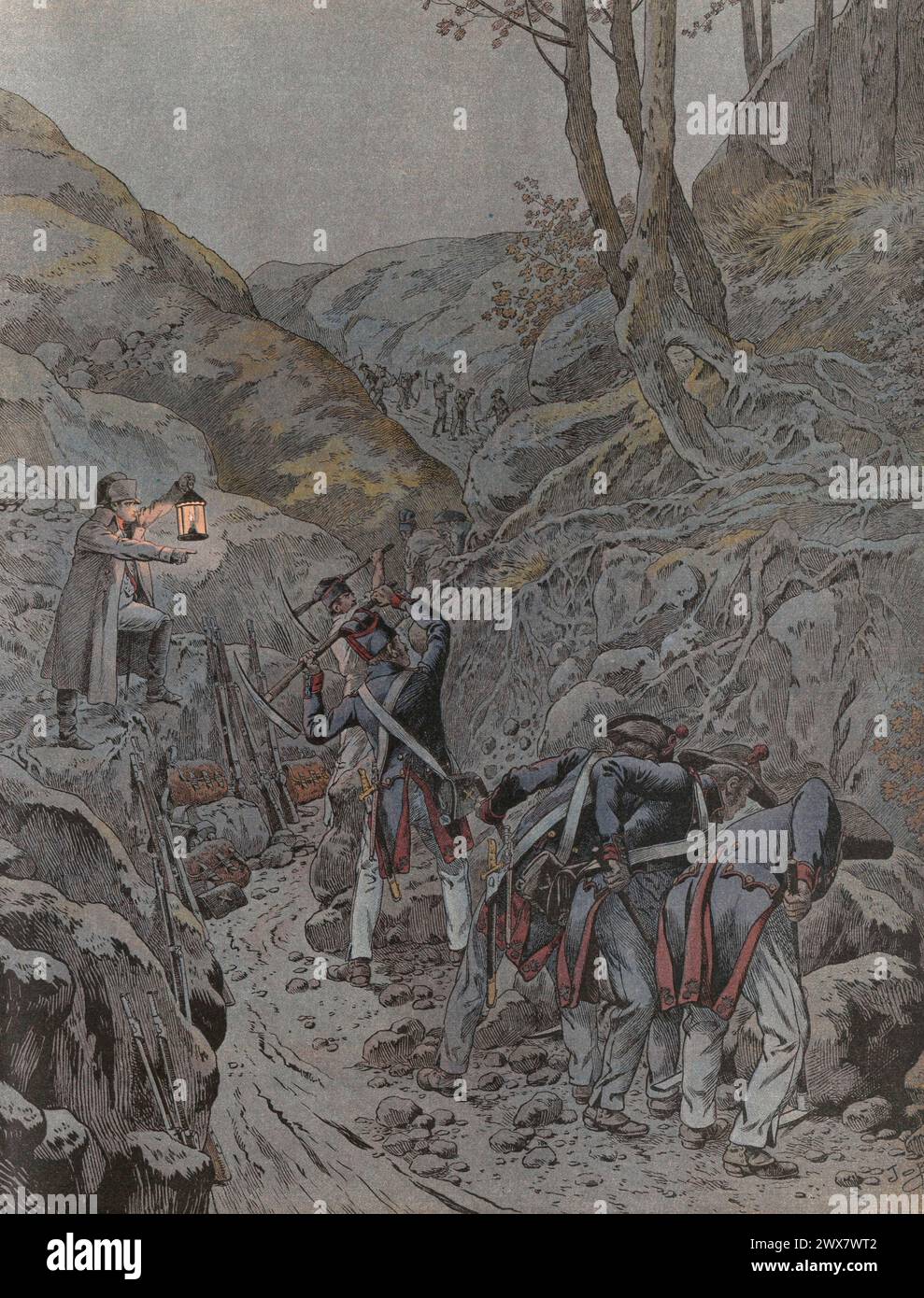 Napoleon I guiding his Grande Armée soldiers at night, on the eve of ...