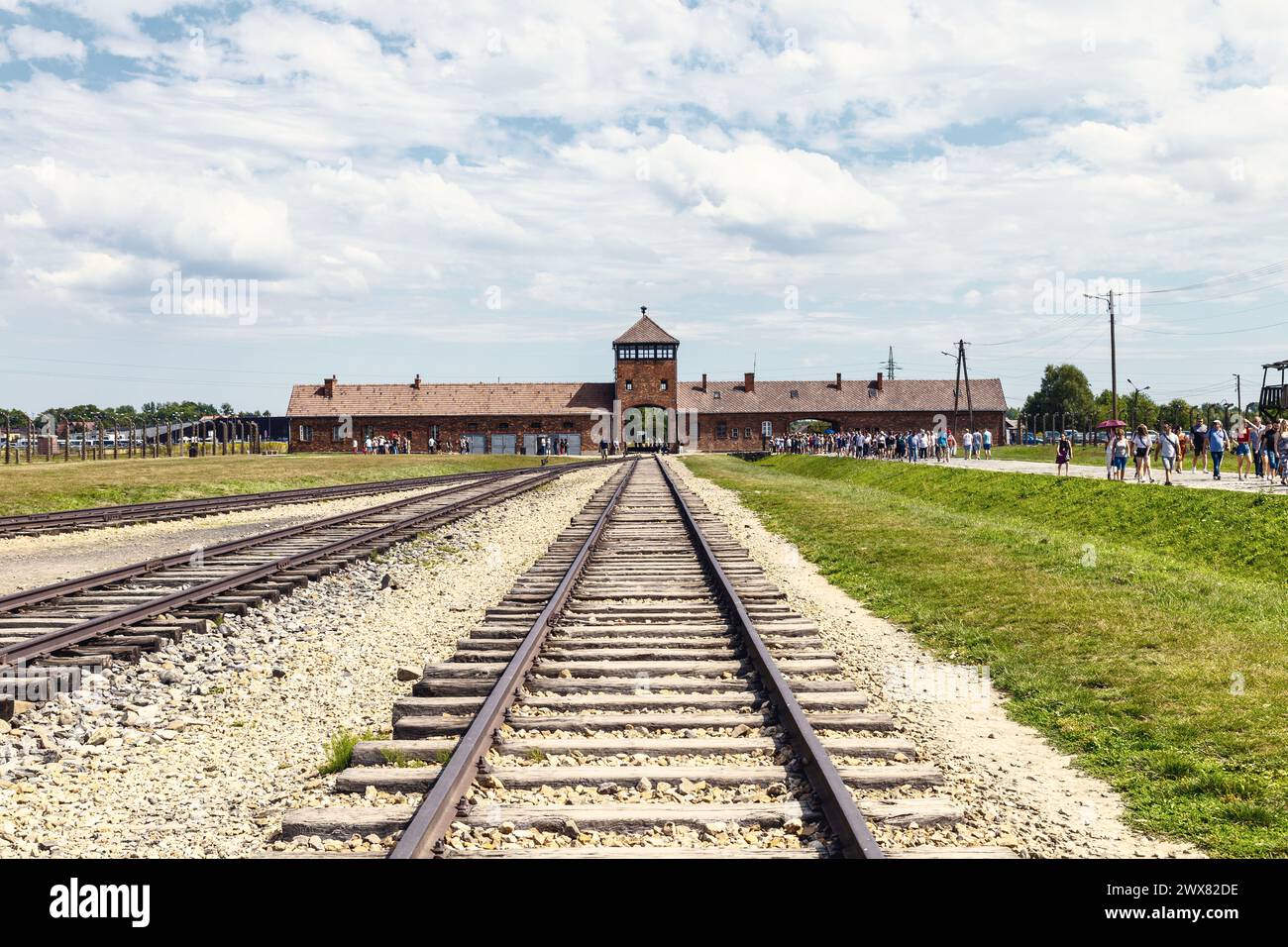 Railway track and main SS guard house at the former Nazi concentration ...
