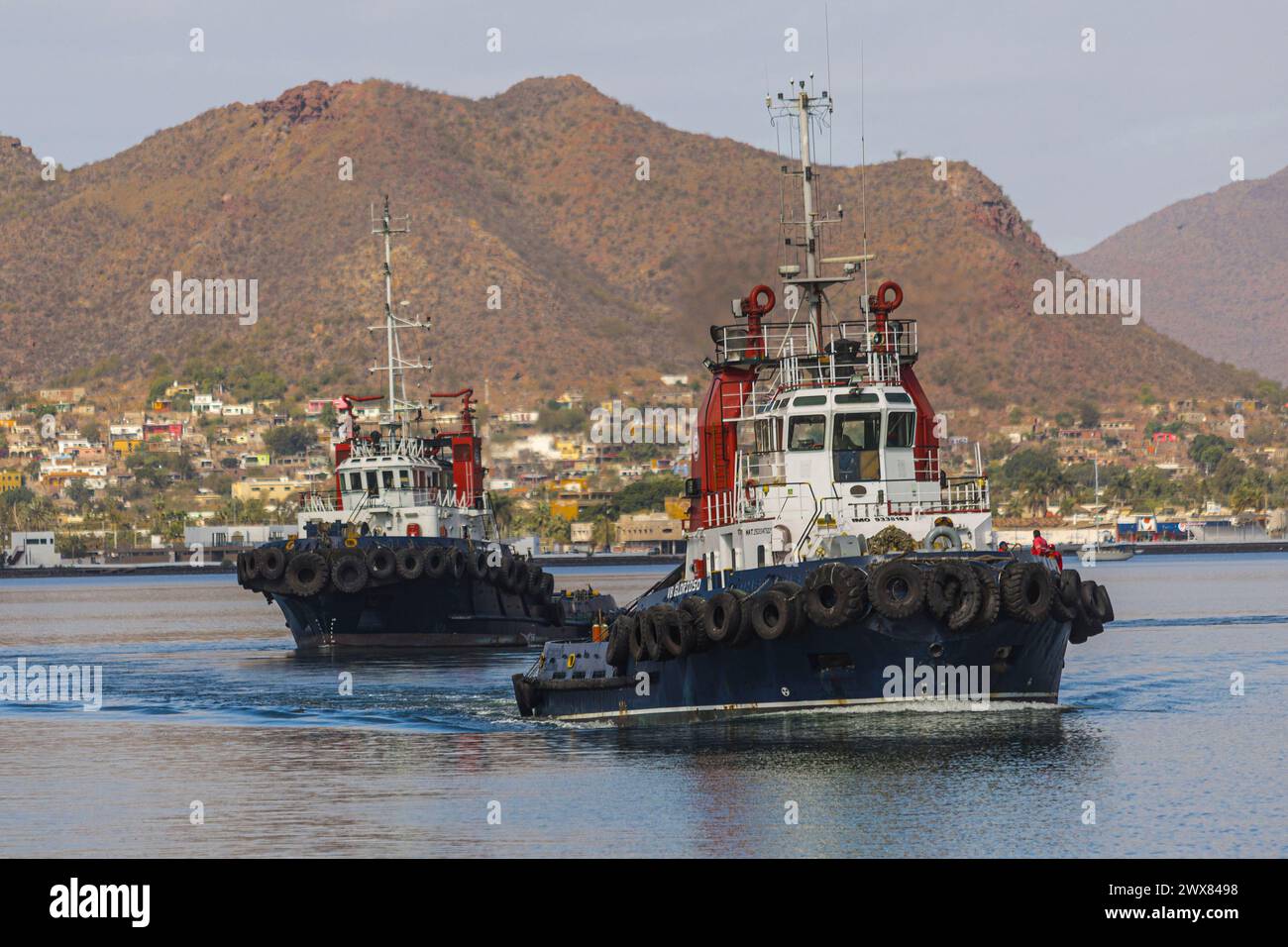 Buoyant ship at the maritime terminal or port in the bay of Guaymas ...