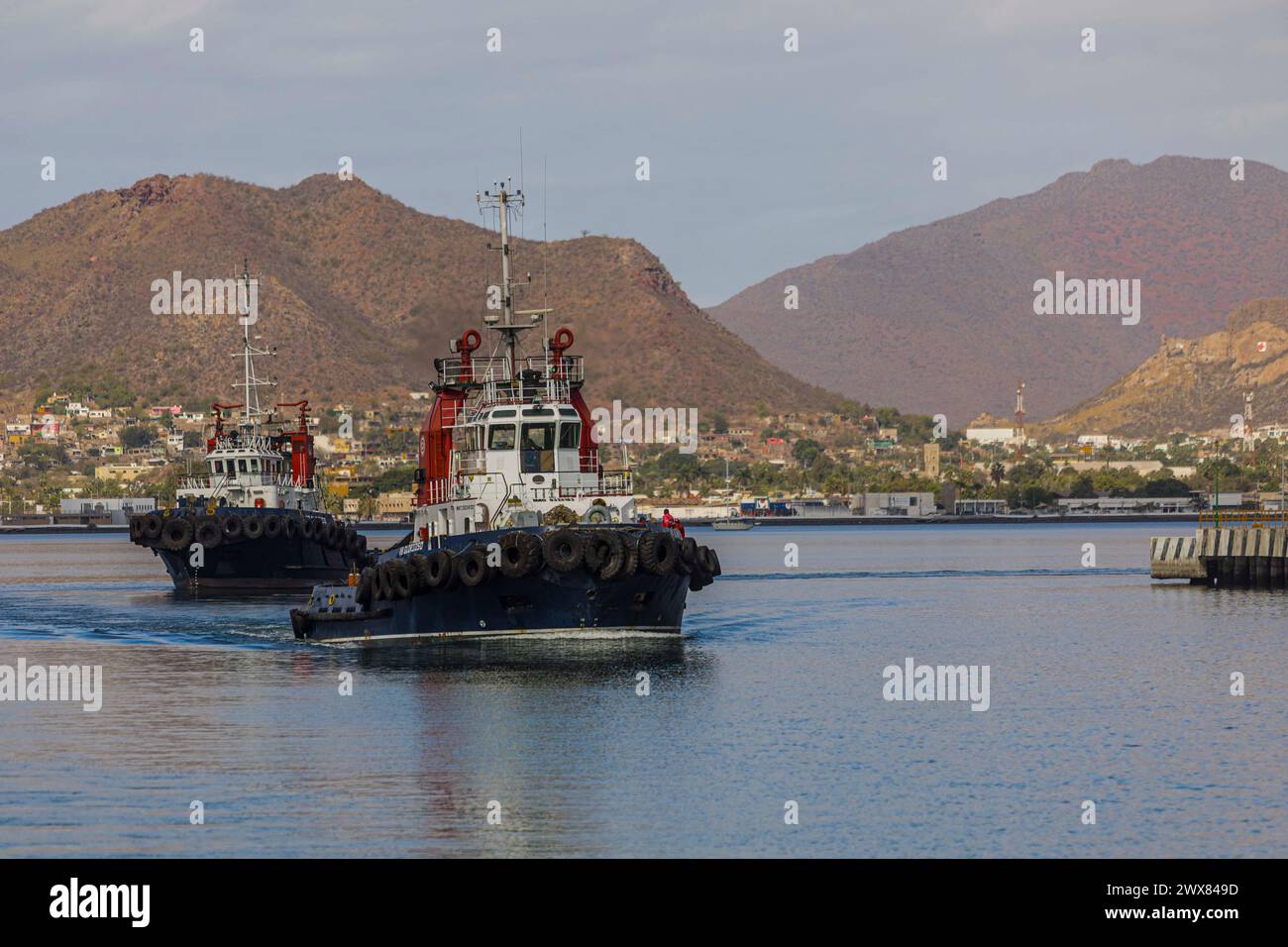 Buoyant ship at the maritime terminal or port in the bay of Guaymas ...