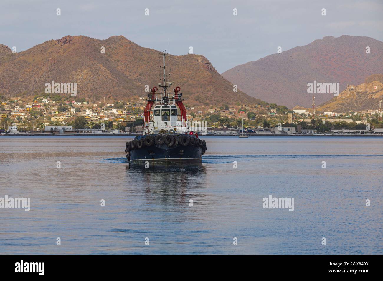 Buoyant ship at the maritime terminal or port in the bay of Guaymas ...