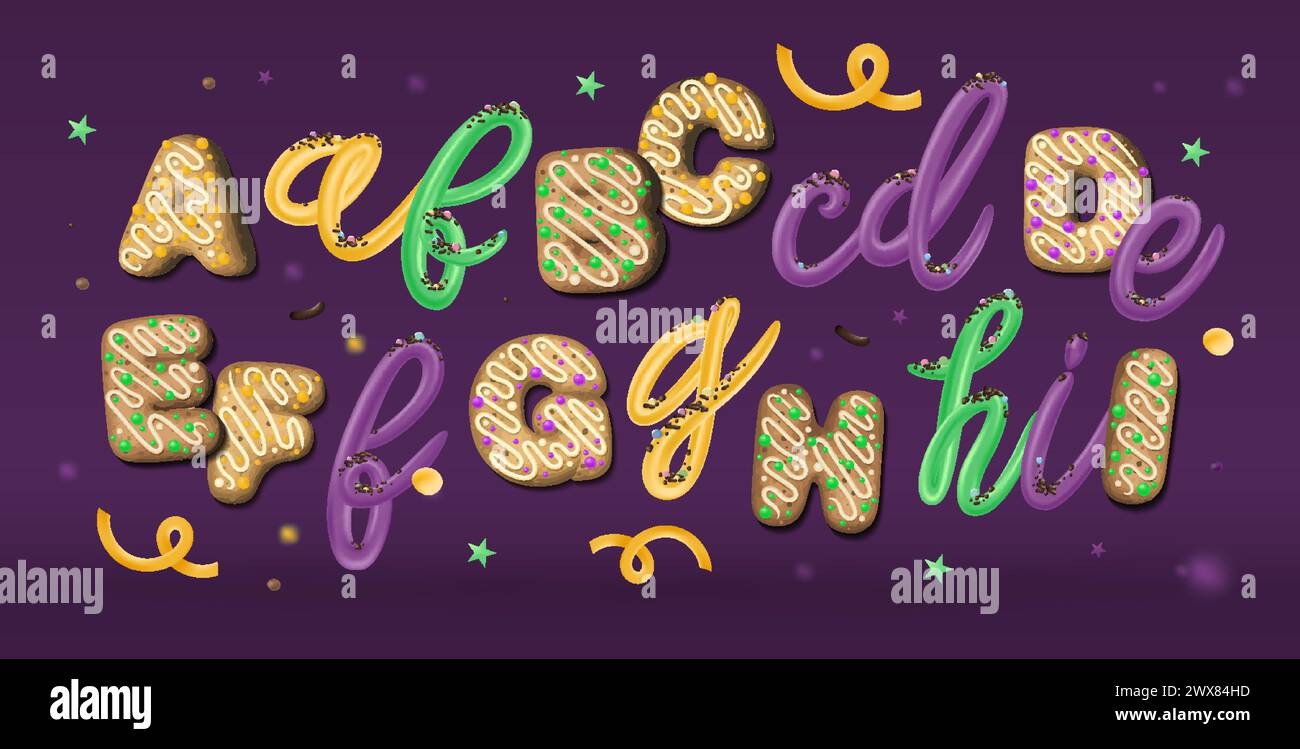 Sweet alphabet. Carnival colors vector illustrations. Mardi gras ...