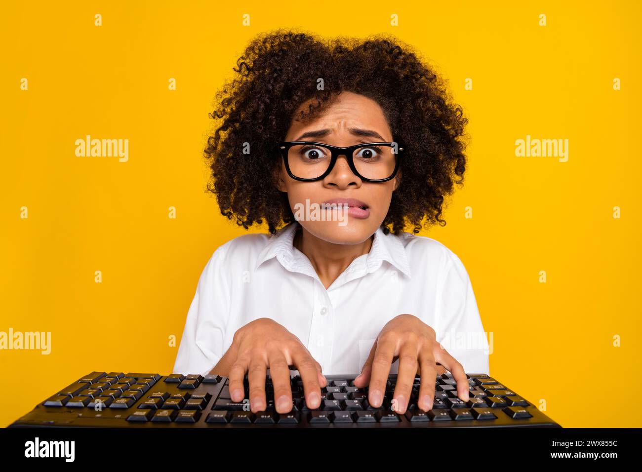Portrait of attractive frustrated scared desperate wavy-haired girl ...
