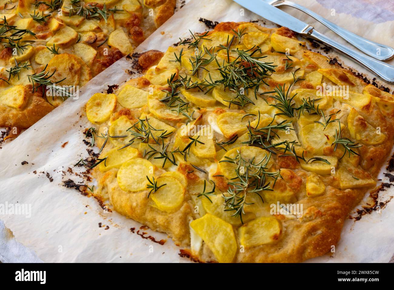 Fresh baked focaccia, pala romana pizza with potato vegetables and ...