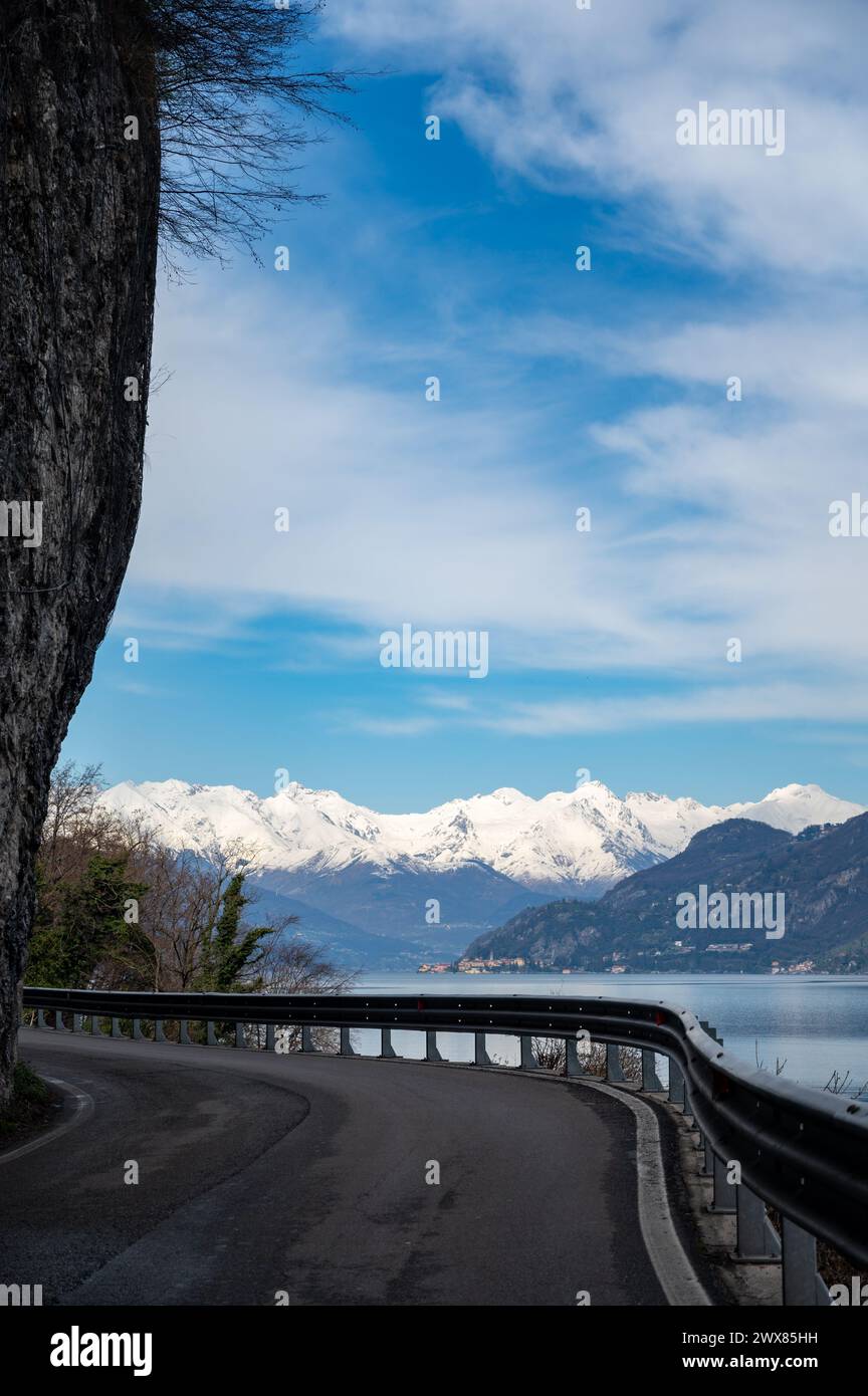 Driving car on road along shores of Lake Como in Northern Italy, spring ...