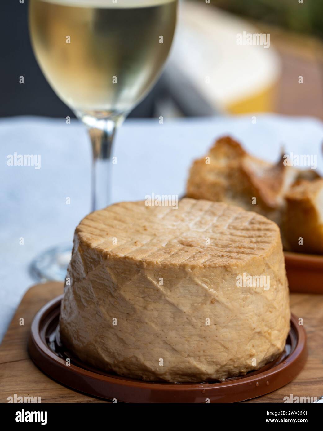 Cheese collection, piece of round fresh smoked Spanish goat cheese ...