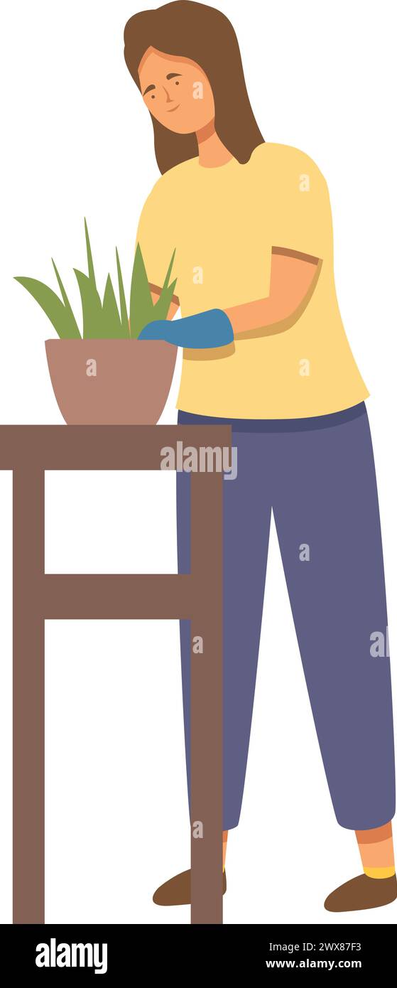 Girl caring plant pot icon cartoon vector. Home nature. Care activity ...