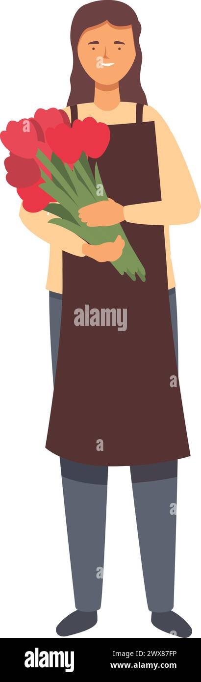 Girl sell flower bouquet icon cartoon vector. Happy face female ...