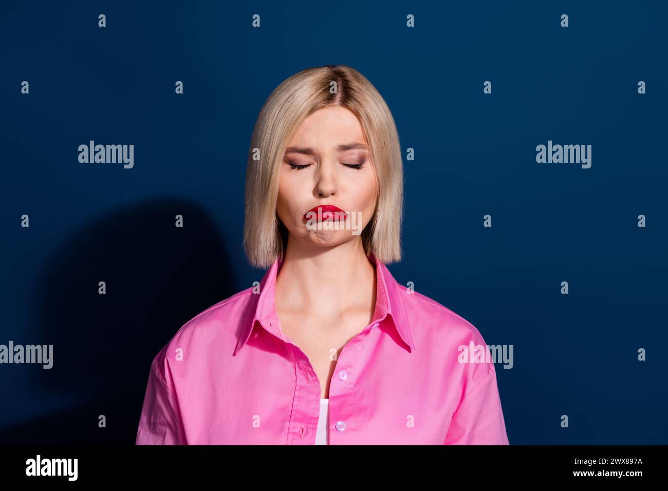 Photo of upset offended woman with bob hairstyle red pouted lips ...