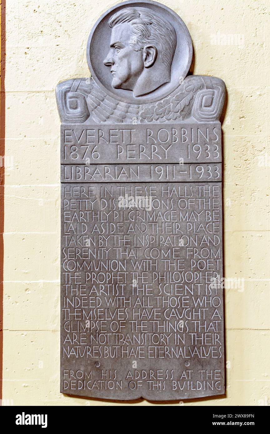 Vertical detail of stone plaque with effigy, honoring librarian Everett ...