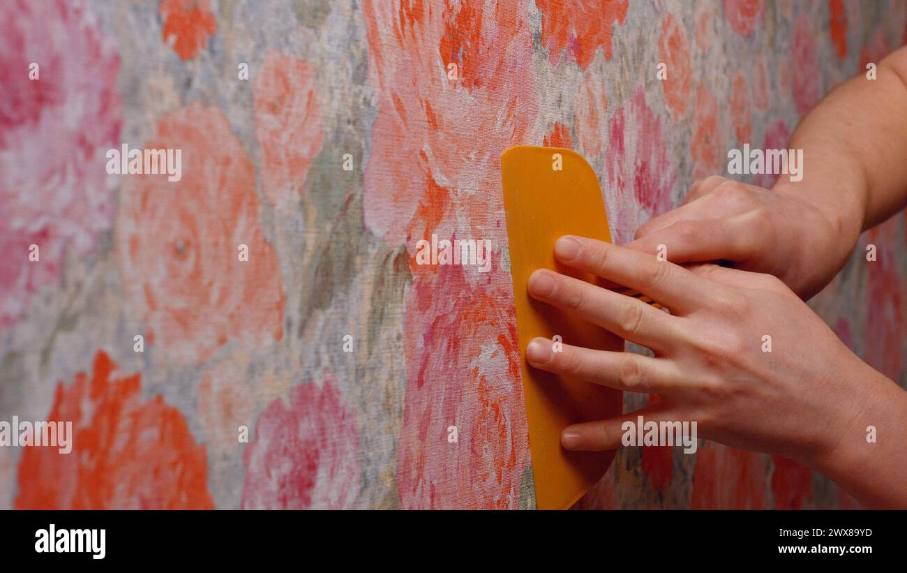 Pasting wallpaper in the house. The builder smooths the wallpaper with ...