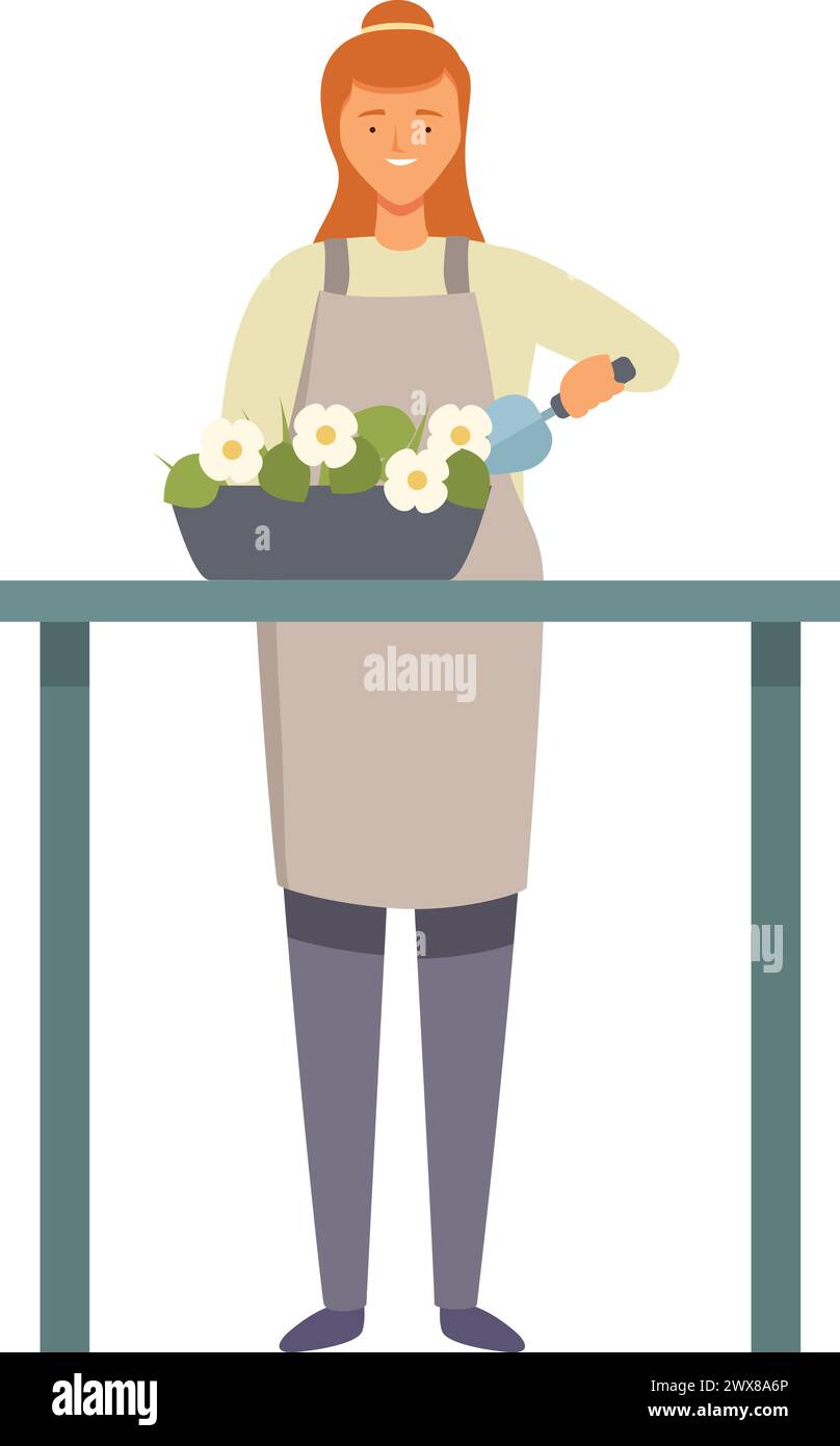 Caring flowers on table icon cartoon vector. Home work. Plant pot care ...