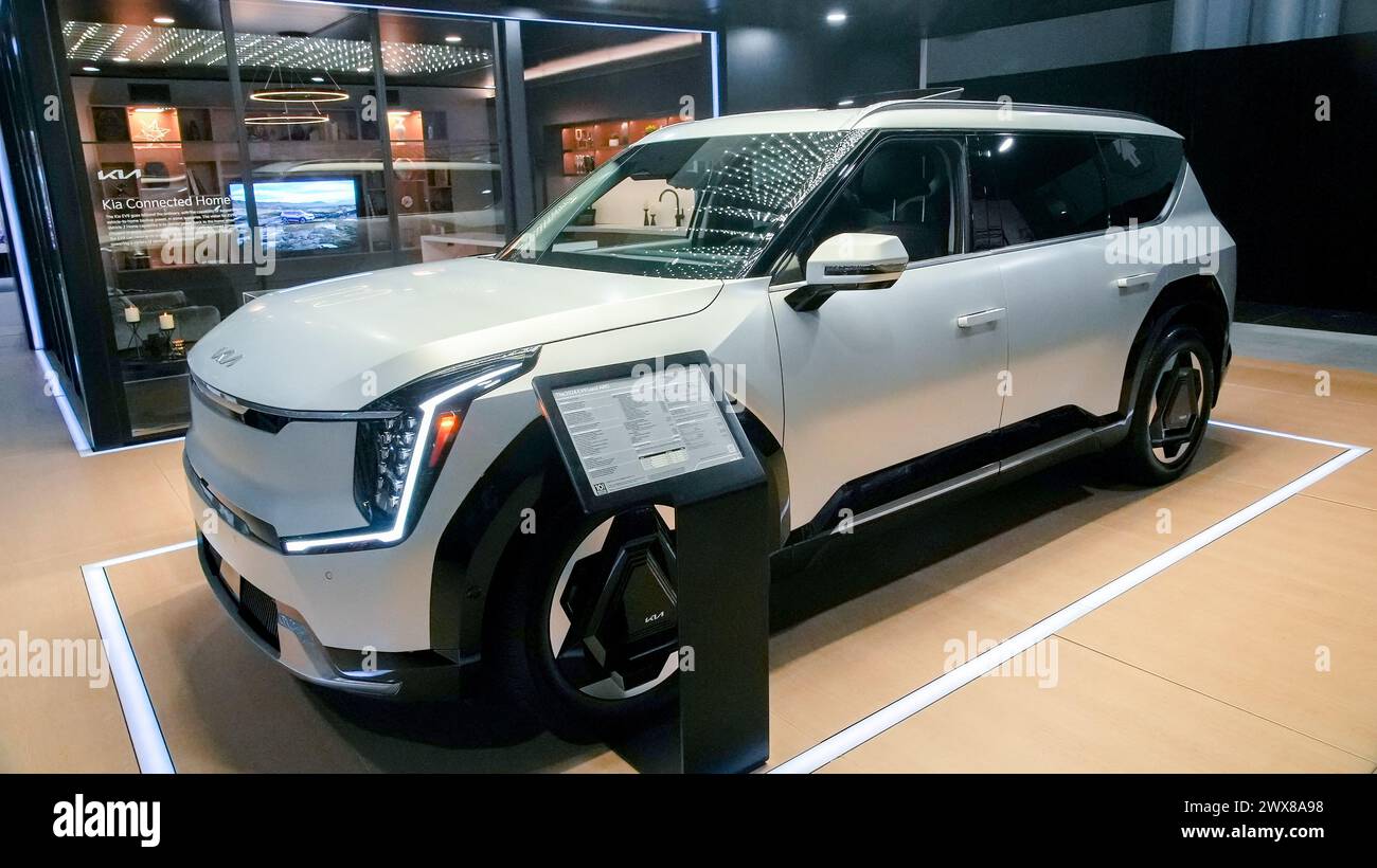 NEW YORK, NY, USA - MARCH 27, 2024: Kia EV9 Land AWD displayed at NY Auto Show 2024 at Press Day ...