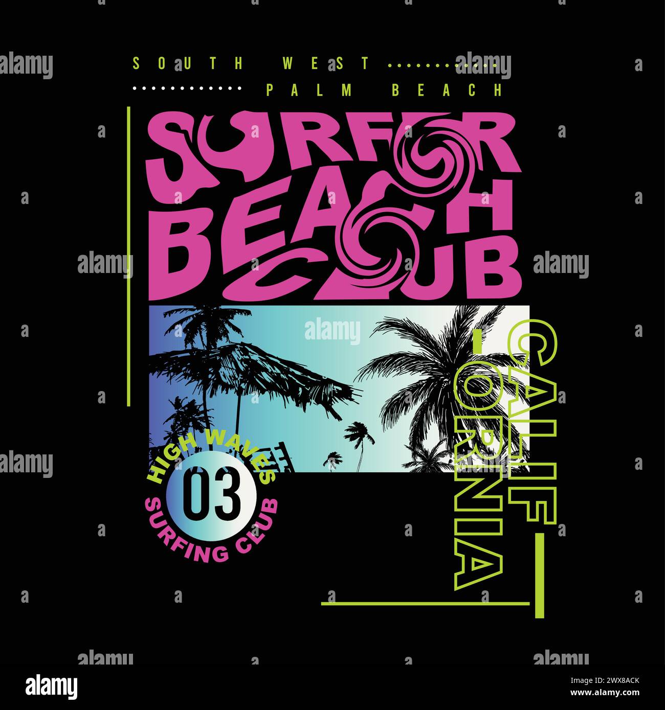 Summer Graphics Surfer Beach Club california typography gradient beach ...